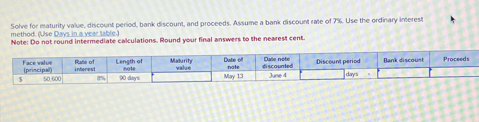 Solved Solve for maturity value, discount period, bank | Chegg.com