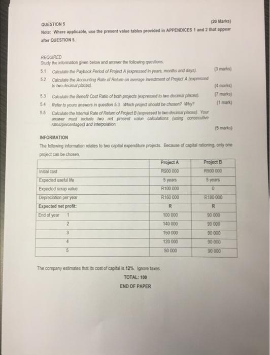 Solved QUESTION 5 (20 Marks) Note: Where applicable, use the | Chegg.com