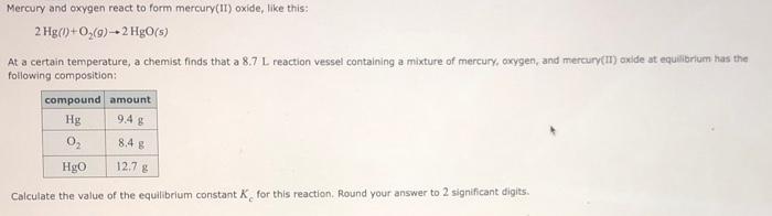 Solved Mercury and oxygen react to form mercury(II) oxide, | Chegg.com