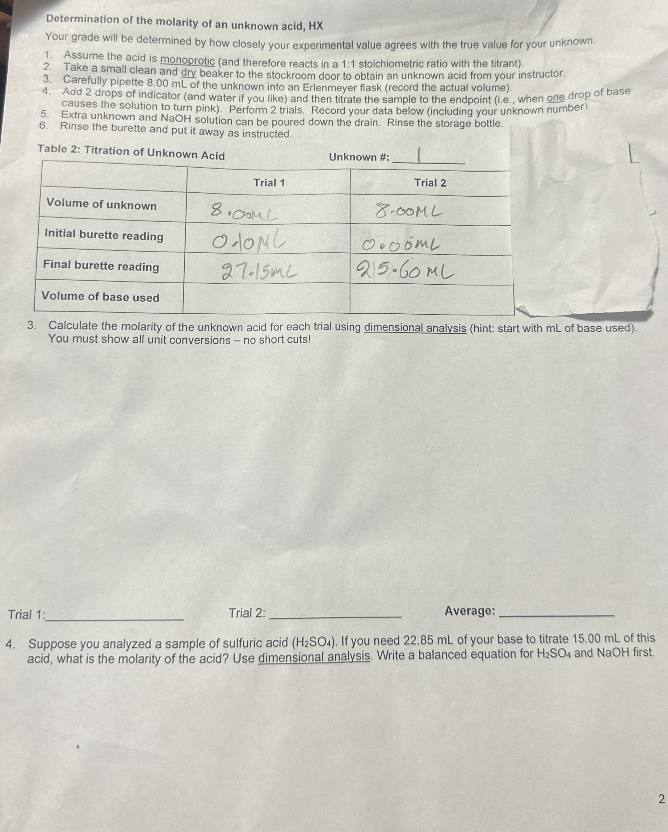 Solved USE THIS AVERAGE MOLARITY FOR ALL REMAINING | Chegg.com