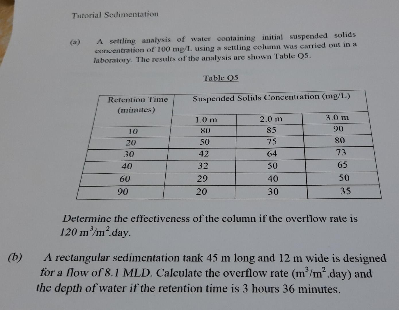 Solved (b) Tutorial Sedimentation (a) A settling analysis of | Chegg.com