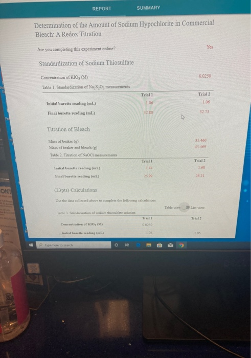 (23pts) Calculations Use the data collected above to | Chegg.com