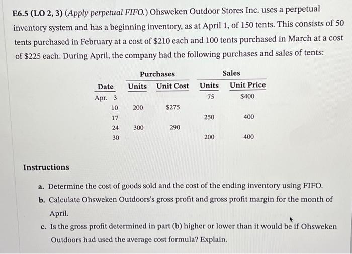 Solved E6.5 (LO 2, 3) (Apply perpetual FIFO.) Ohsweken | Chegg.com