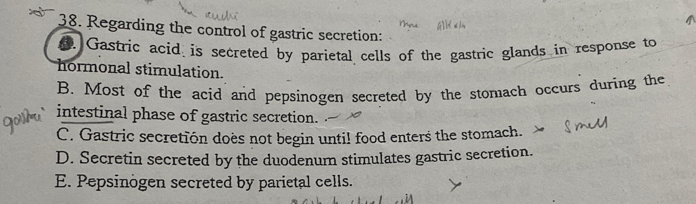Solved Regarding the control of gastric secretion:Gastric | Chegg.com