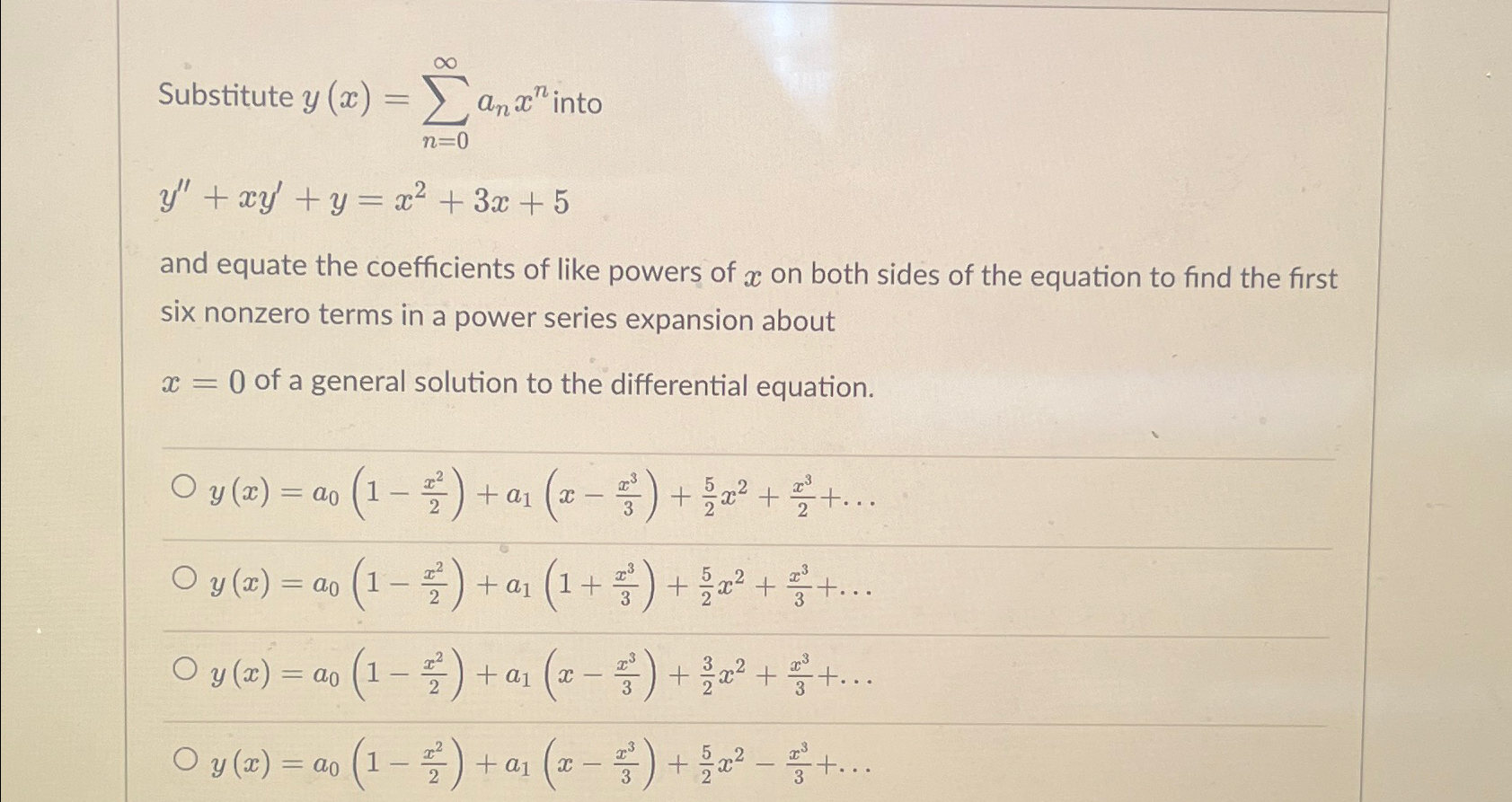 Solved Substitute y(x)=∑n=0∞anxn ﻿intoy''+xy'+y=x2+3x+5and | Chegg.com