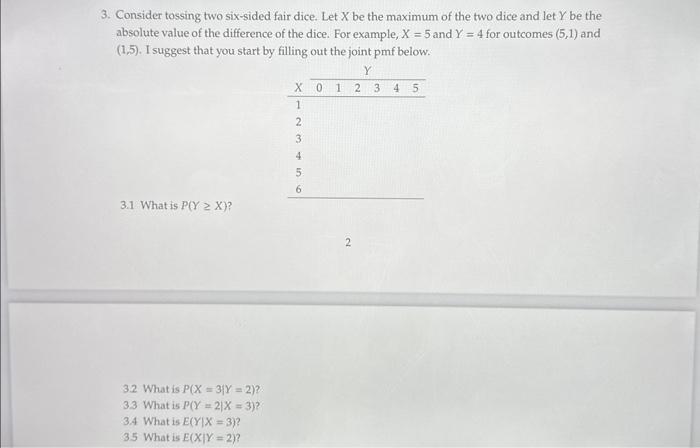 Solved 3. Consider tossing two six-sided fair dice. Let X be | Chegg.com