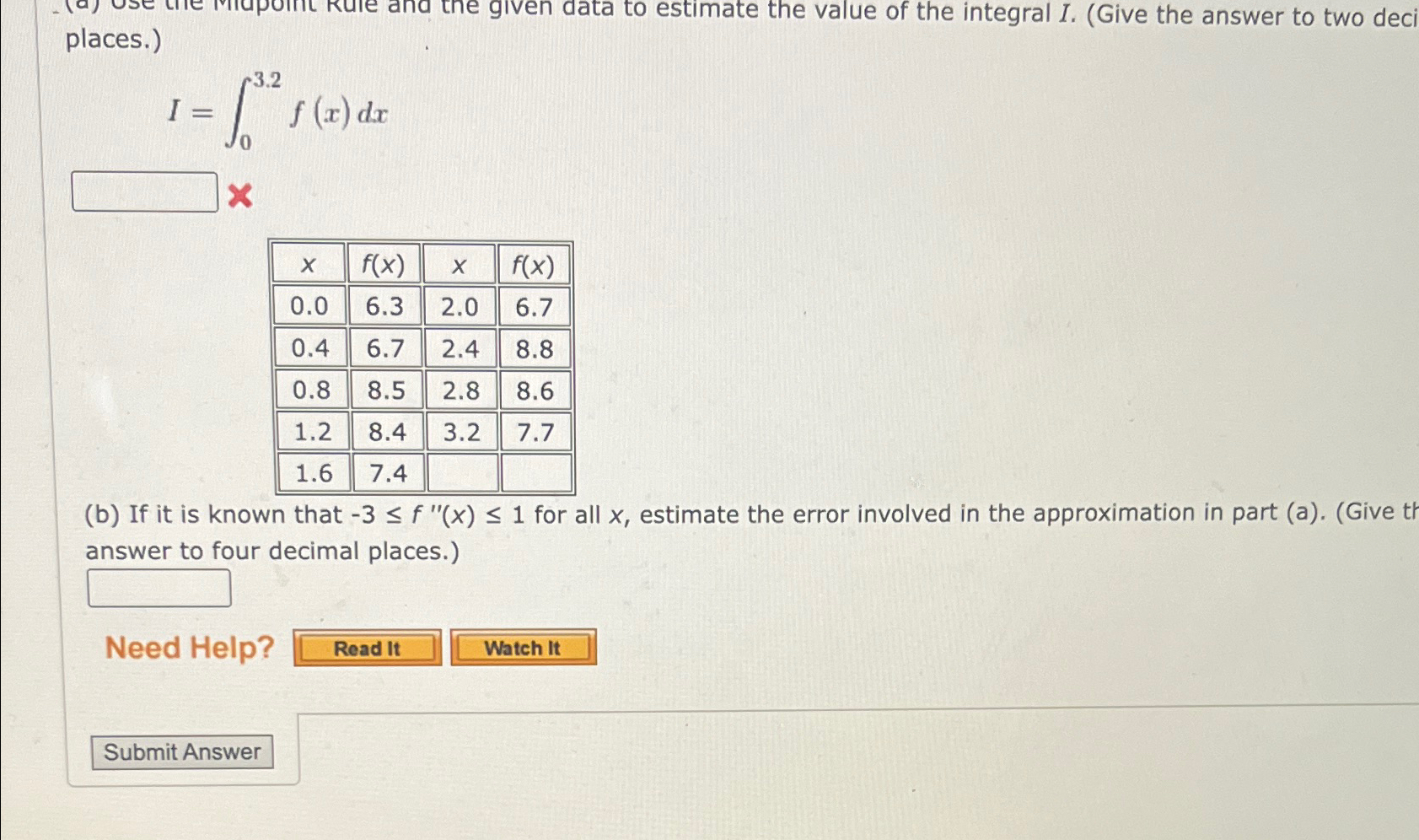 places.)I=∫03.2f(x)dx\table[[x,f(x),x,f(x) | Chegg.com