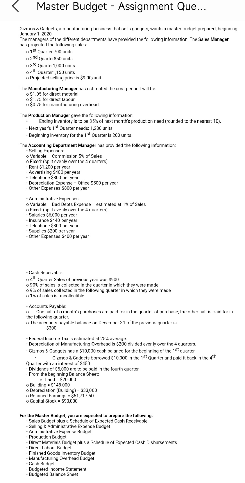 Master Budget - ﻿Assignment Que...Gizmos & Gadgets, a | Chegg.com