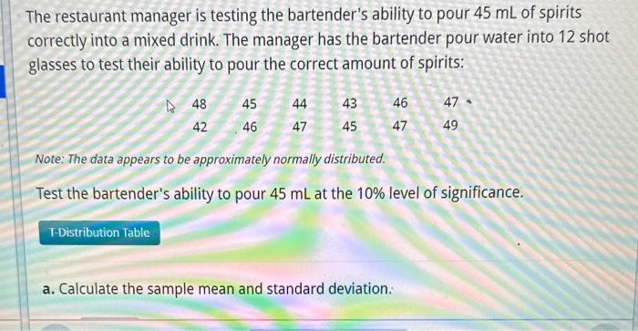 Solved The restaurant manager is testing the bartender's | Chegg.com