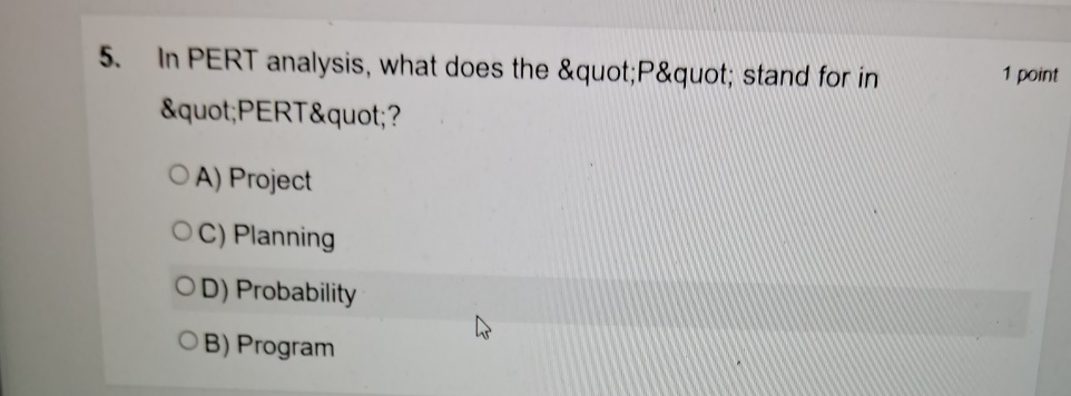 Solved In PERT analysis, what does the "P" ﻿stand for in1 | Chegg.com