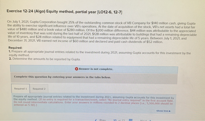 Solved Exercise 12-24 (Algo) Equity method, partial year | Chegg.com