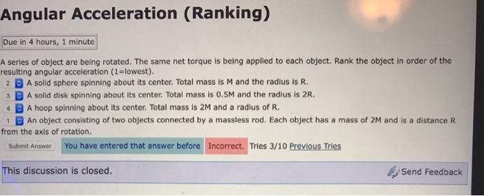 Solved Angular Acceleration (Ranking) Due in 4 hours, 1 | Chegg.com