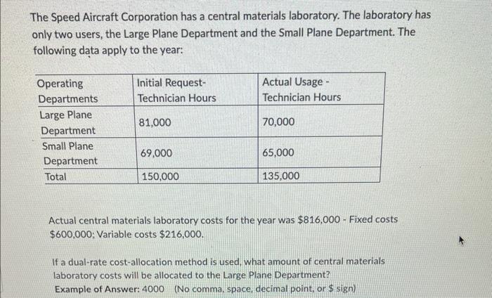 [Solved]: The Speed Aircraft Corporation has a central mate