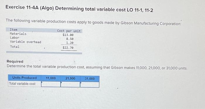 Solved Exercise 11-4A (Algo) Determining total variable cost | Chegg.com