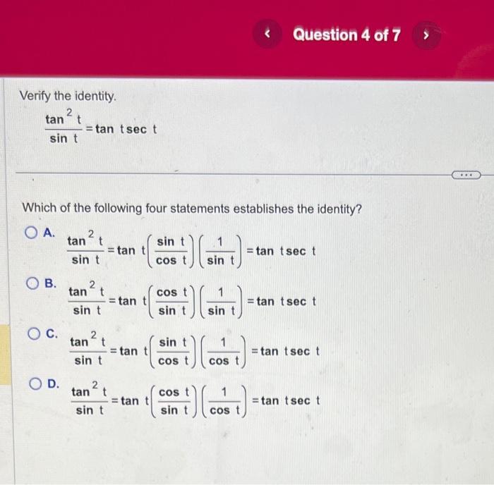Solved Verify the identity. sinttan2t=tantsect Which of the | Chegg.com