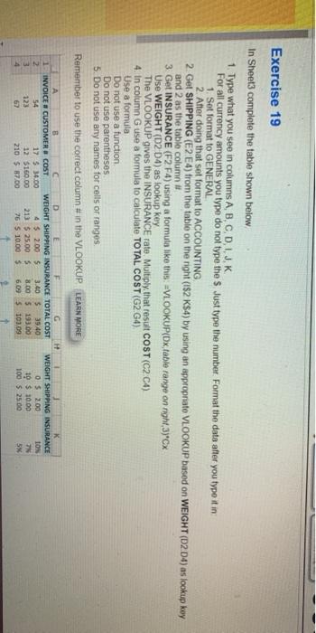 Solved Exercise 19 In Sheet3 complete the table shown below | Chegg.com