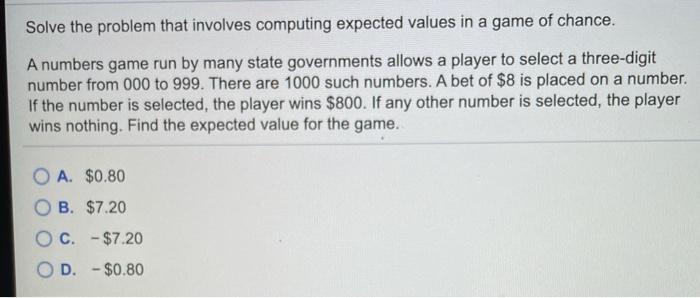Solved Solve the problem that involves computing expected | Chegg.com