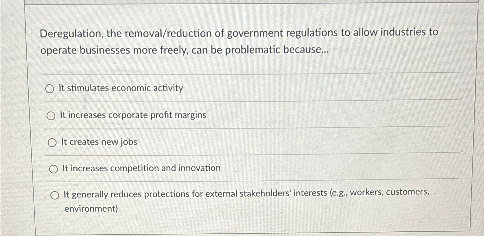 Solved Deregulation, the removal/reduction of government | Chegg.com