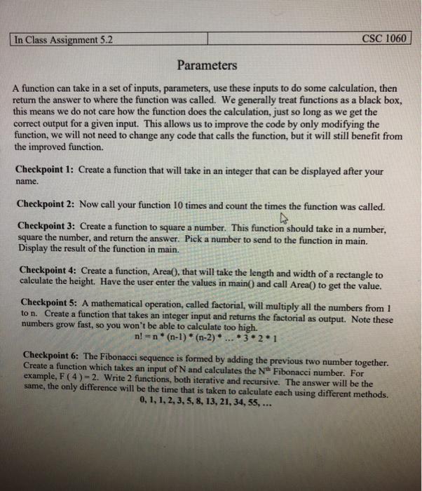 Solved In Class Assignment 5.2 CSC 1060 Parameters A | Chegg.com