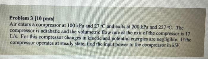 Solved Problem 3 [10 pnts] Air enters a compressor at 100kPa | Chegg.com