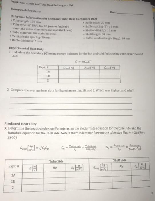 Worksheet-Shell and Tube Heat Exchanger-Che Homework | Chegg.com