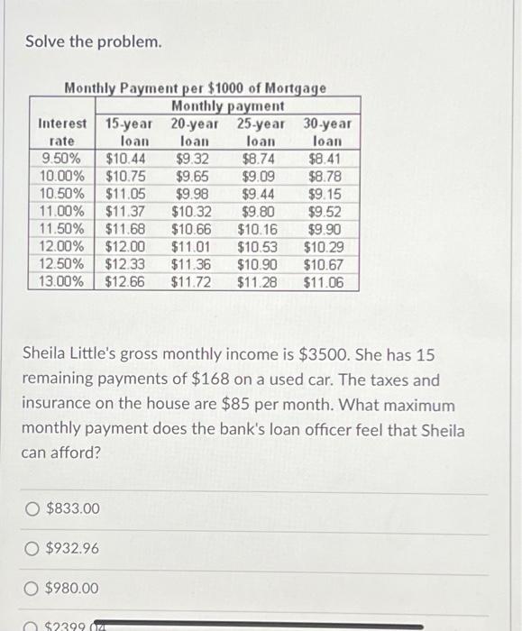 Solved Solve the problem. Monthly Payment per $1000 of | Chegg.com