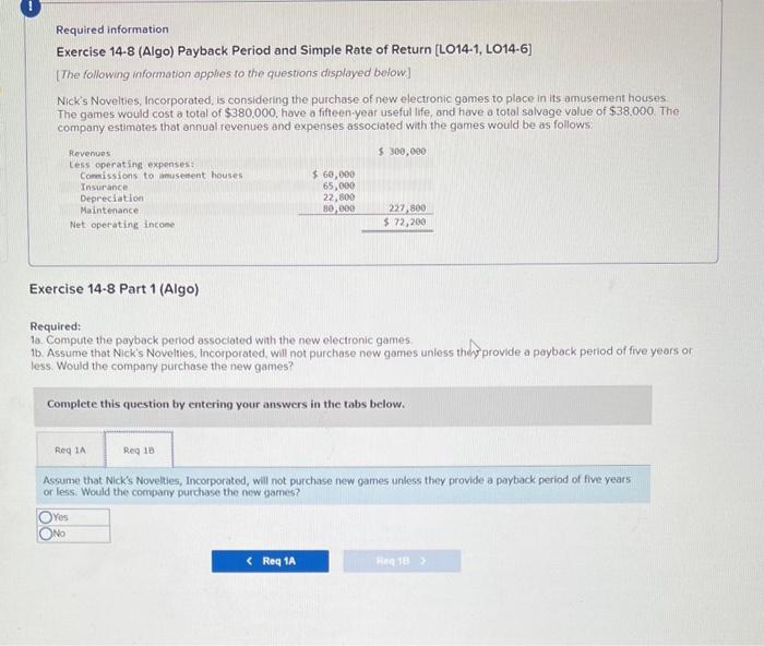 Solved Required information Exercise 14-8 (Algo) Payback | Chegg.com