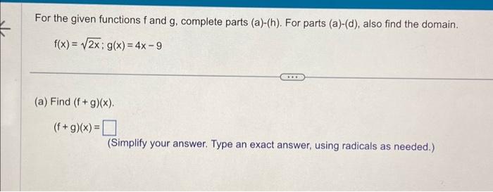 Solved For the given functions f and g, complete parts | Chegg.com