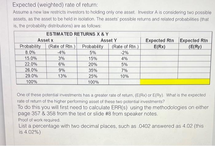 Solved Expected (weighted) rate of return: Assume a new law | Chegg.com