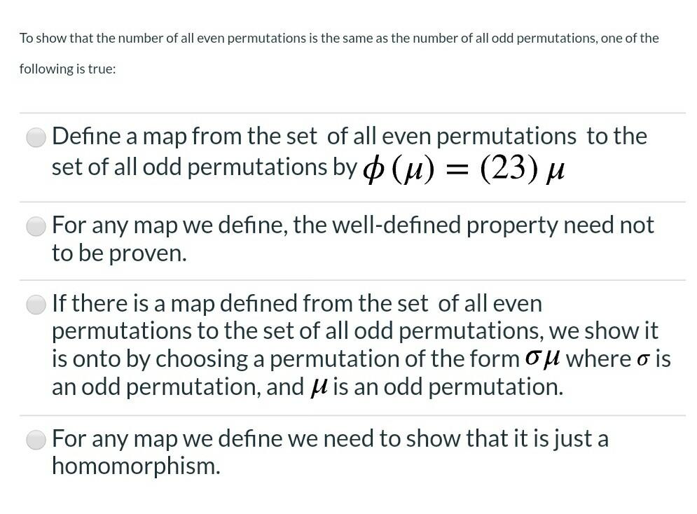Solved To show that the number of all even permutations is | Chegg.com