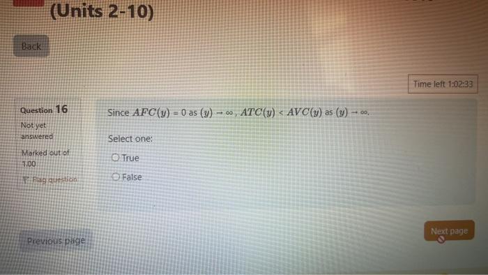 Solved \begin{tabular}{ll} Question 16 & Since AFC(y)=0 as | Chegg.com