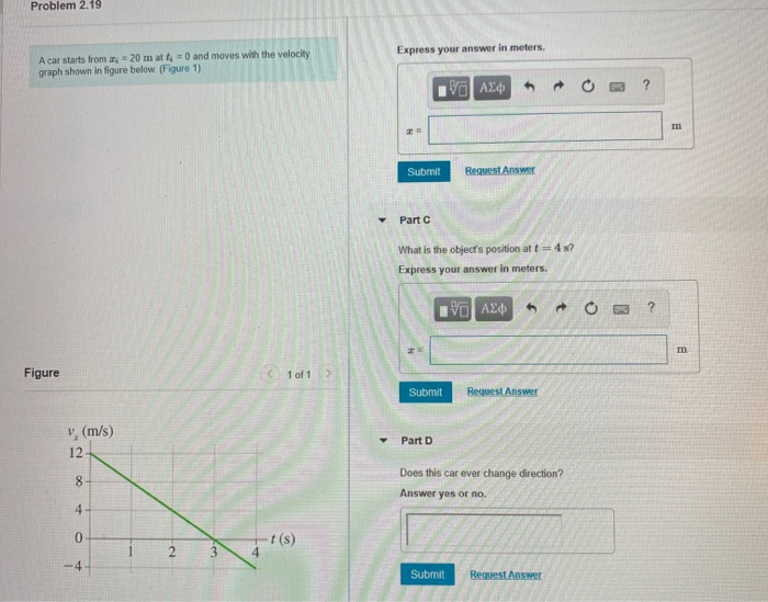 Solved Problem 2.19 A car starts from y-20 matt - and moves | Chegg.com