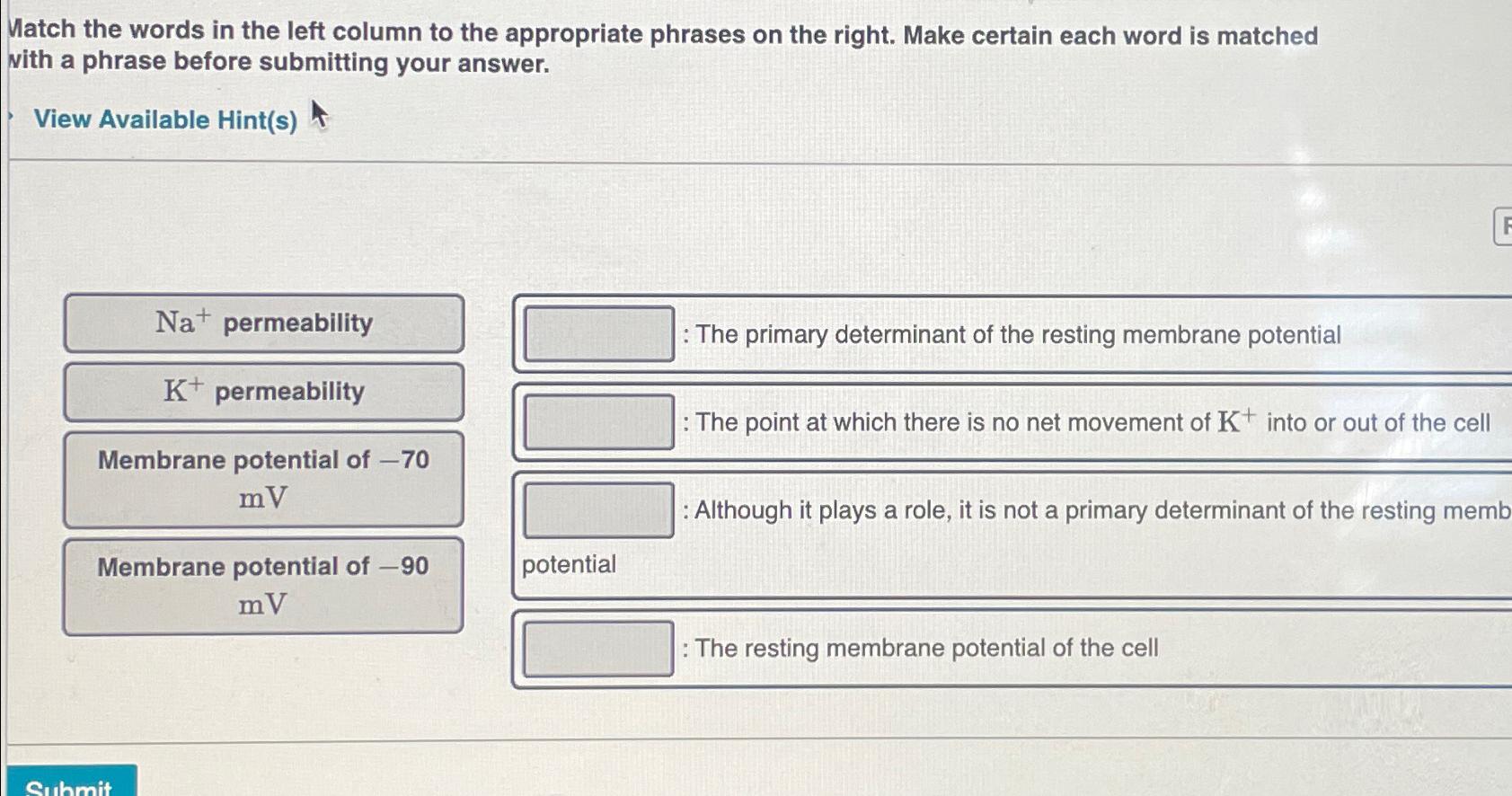 Solved Match the words in the left column to the appropriate | Chegg.com