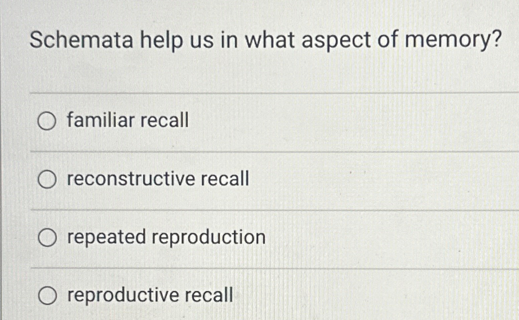 Solved Schemata help us in what aspect of memory?familiar | Chegg.com