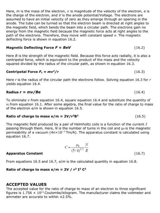 Solved EXPERIMENT 16: THE SPECIFIC CHARGE OF THE ELECTRON | Chegg.com