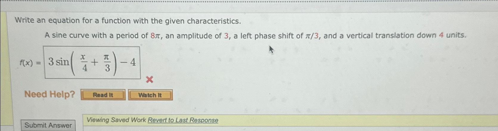 Solved Write an equation for a function with the given | Chegg.com