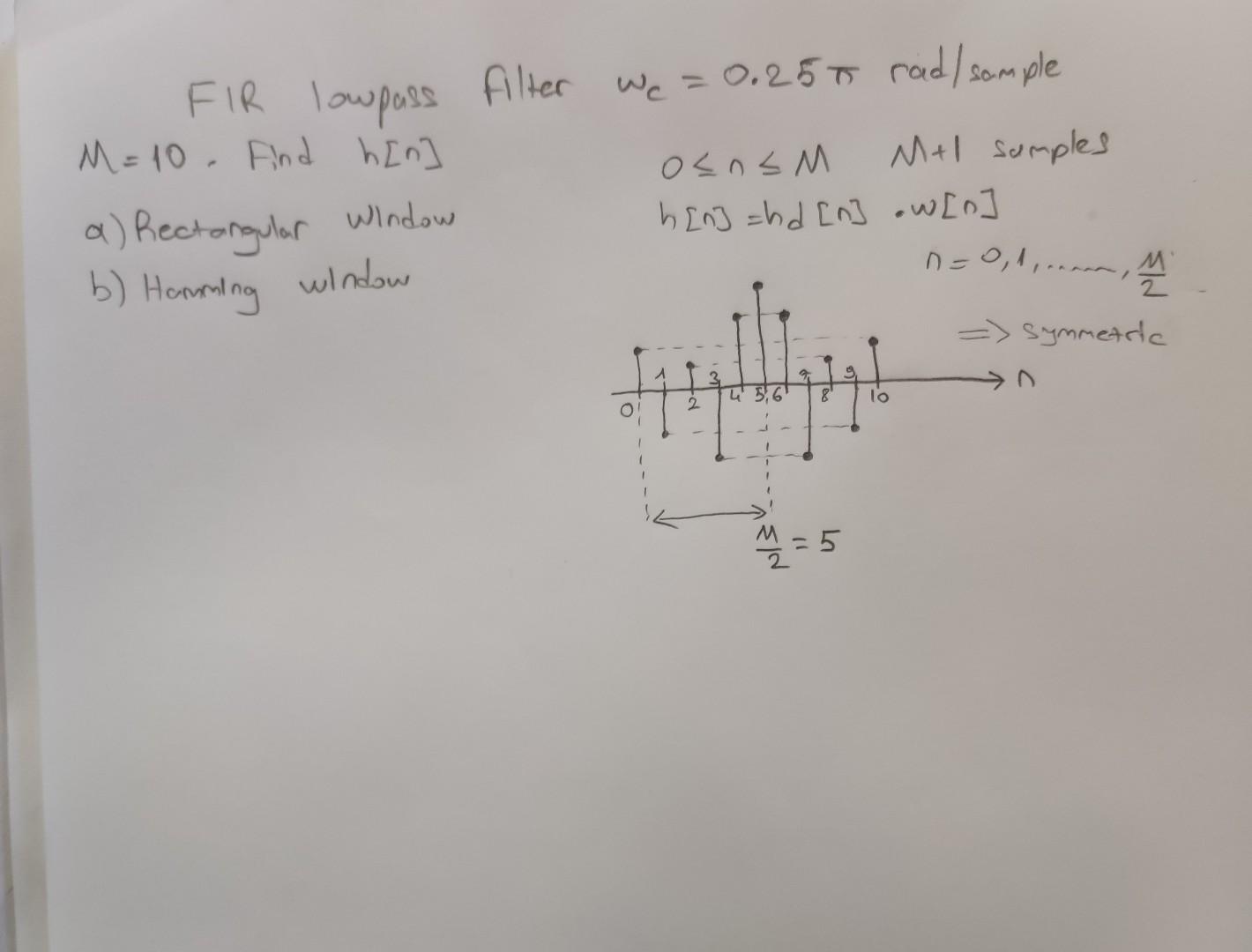 Solved FIR lowpass filter ωc=0.25πrad/sample M=10. Find h[n] | Chegg.com
