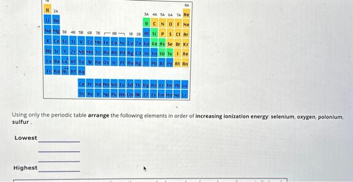 Solved Using only the periodic table arrange the following | Chegg.com