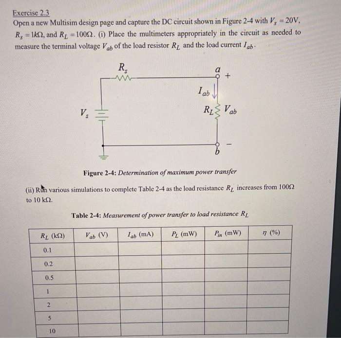 Solved Exercise 2.3 Open a new Multisim design page and | Chegg.com