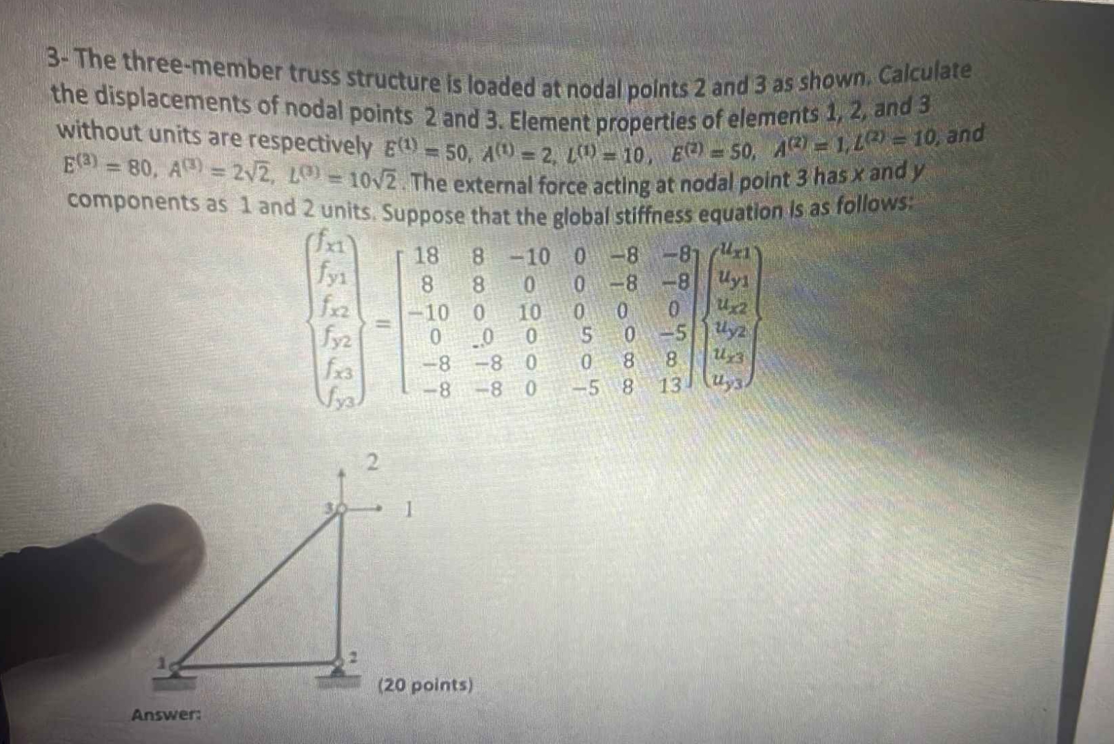 Solved 3-The three-member truss structure is loaded at nodal | Chegg.com