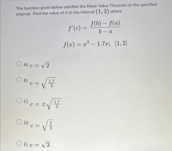 Solved The function given below satisfies the Mean Value | Chegg.com