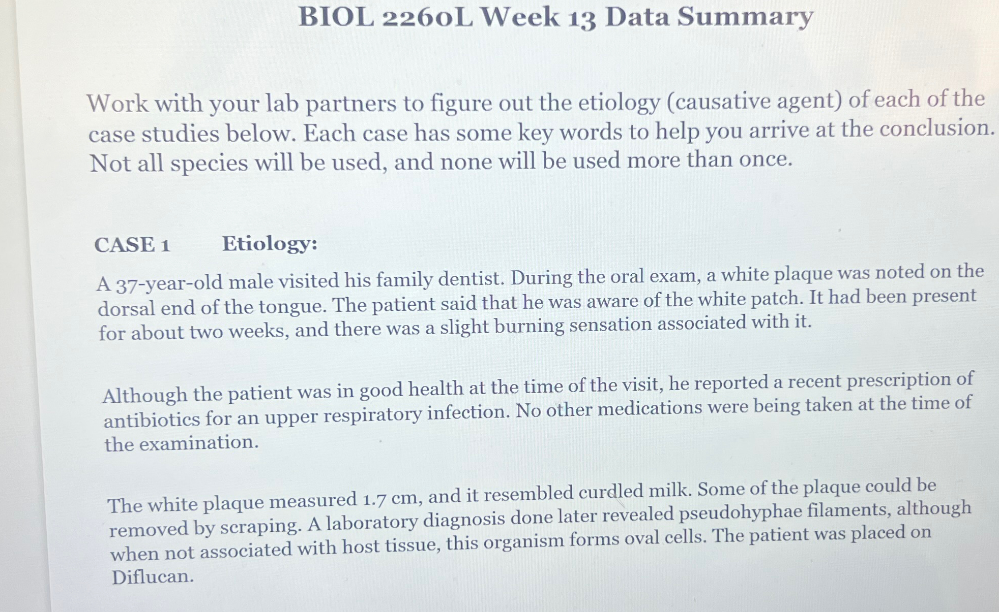 Solved BIOL 226oL Week 13 ﻿Data SummaryWork with your lab | Chegg.com