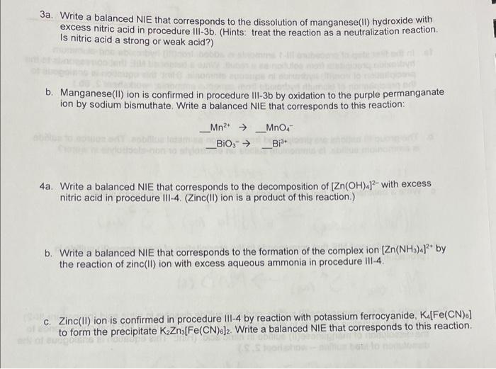 Solved 3a. Write a balanced NIE that corresponds to the | Chegg.com