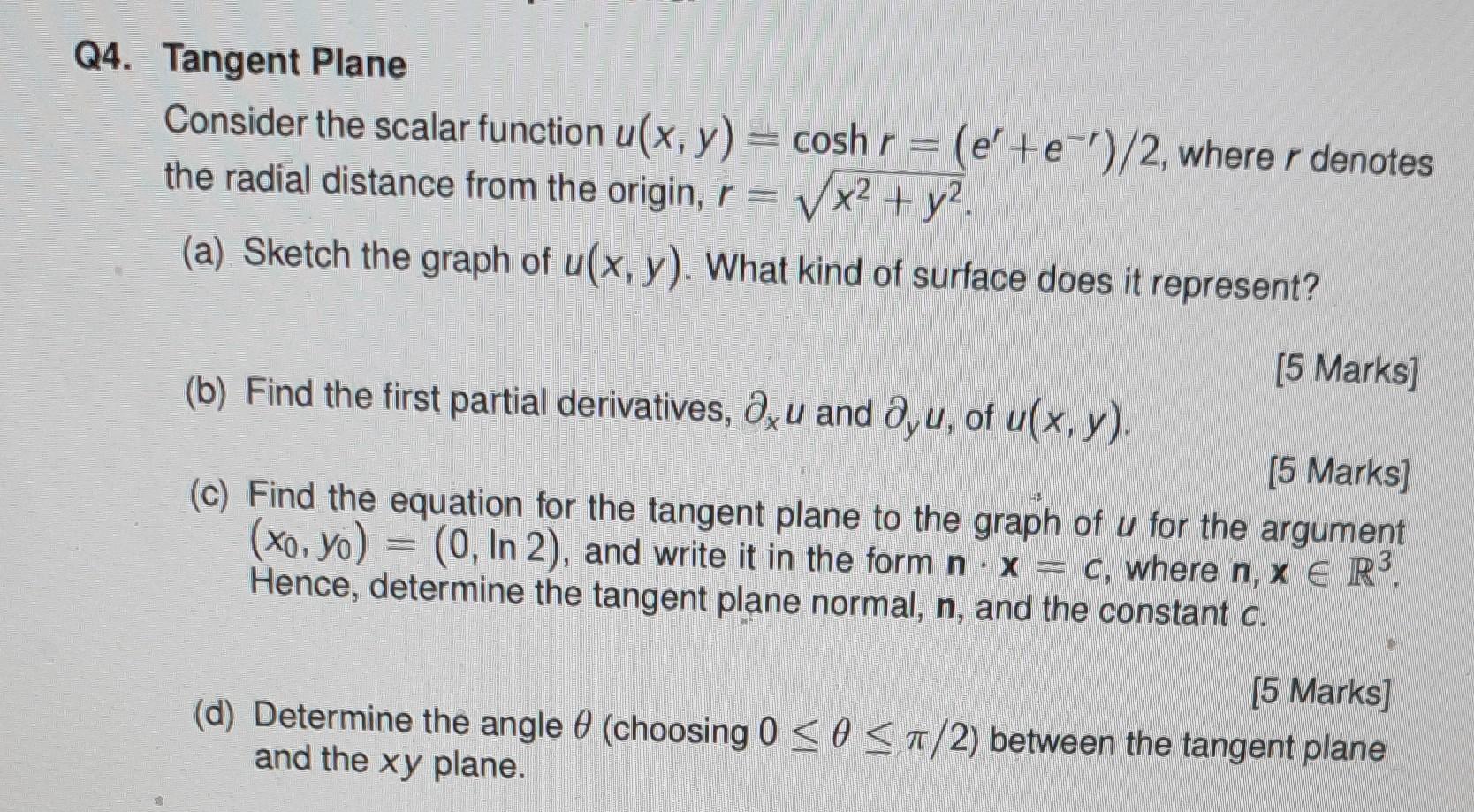 Solved Q4. Tangent Plane Consider the scalar function u(x, | Chegg.com