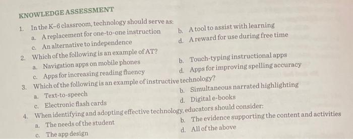 Solved KNOWLEDGE ASSESSMENT 1. In the K-6 classroom, | Chegg.com