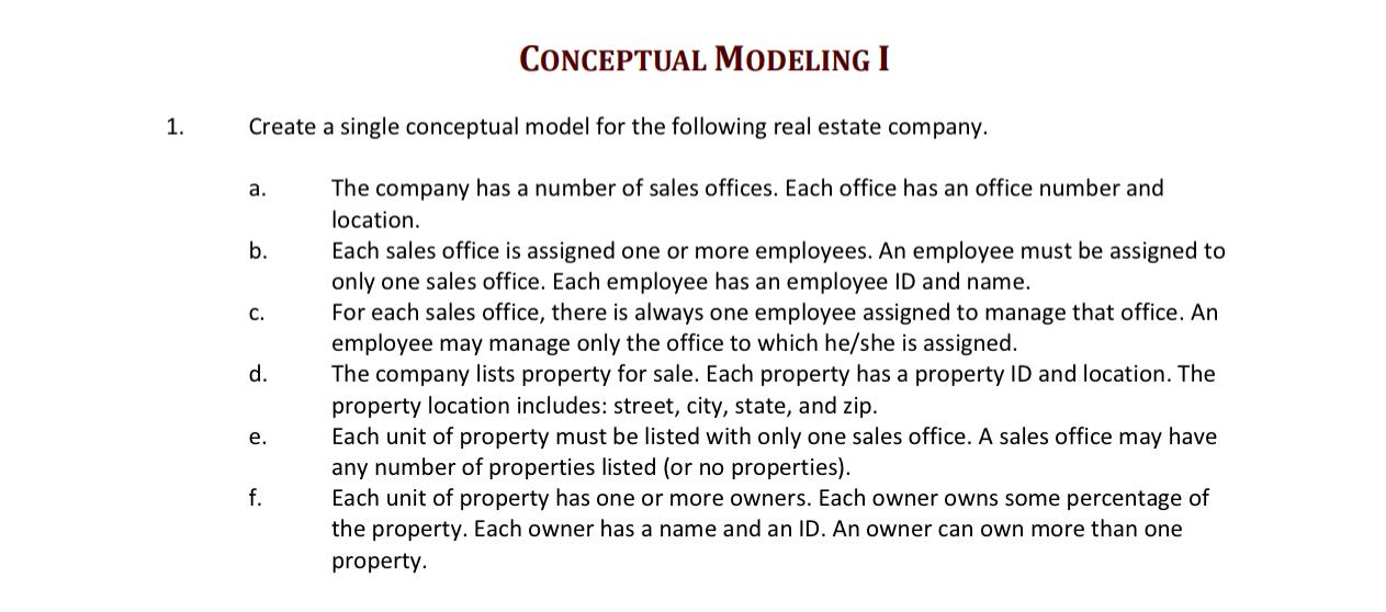 Solved CONCEPTUAL MODELING ICreate a single conceptual model | Chegg.com