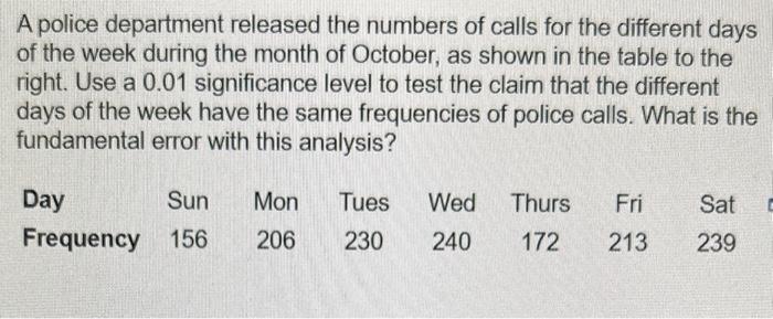 Solved A police department released the numbers of calls for | Chegg.com