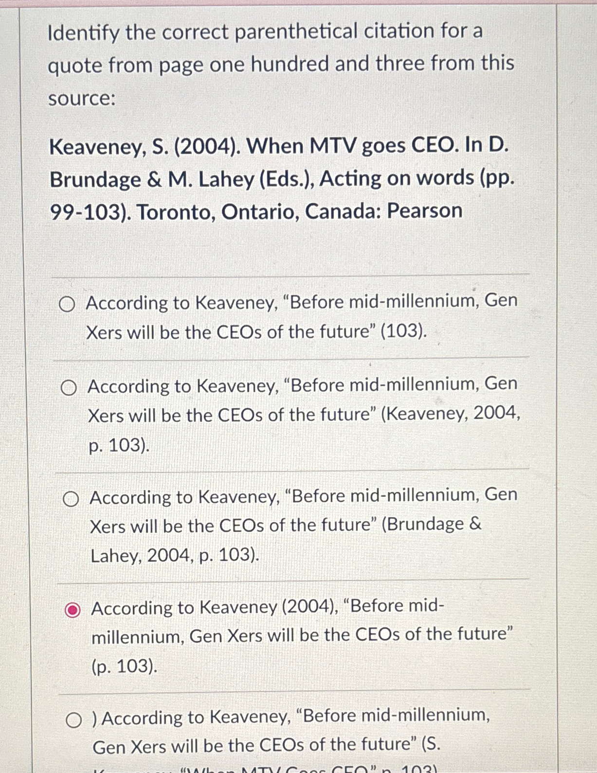 Solved Identify the correct parenthetical citation for a | Chegg.com