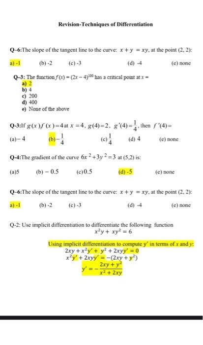 Solved Revision-Techniques of Differentiation Q-6:The slope | Chegg.com