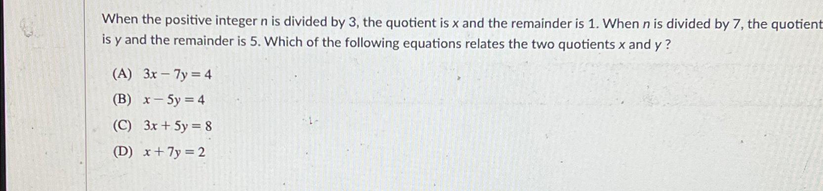 Solved When the positive integer n ﻿is divided by 3 , ﻿the | Chegg.com